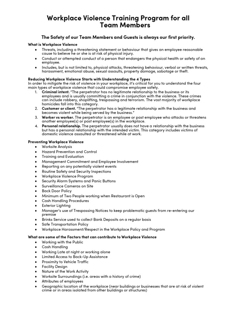 Workplace Violence Training Program For All Team Members | PDF