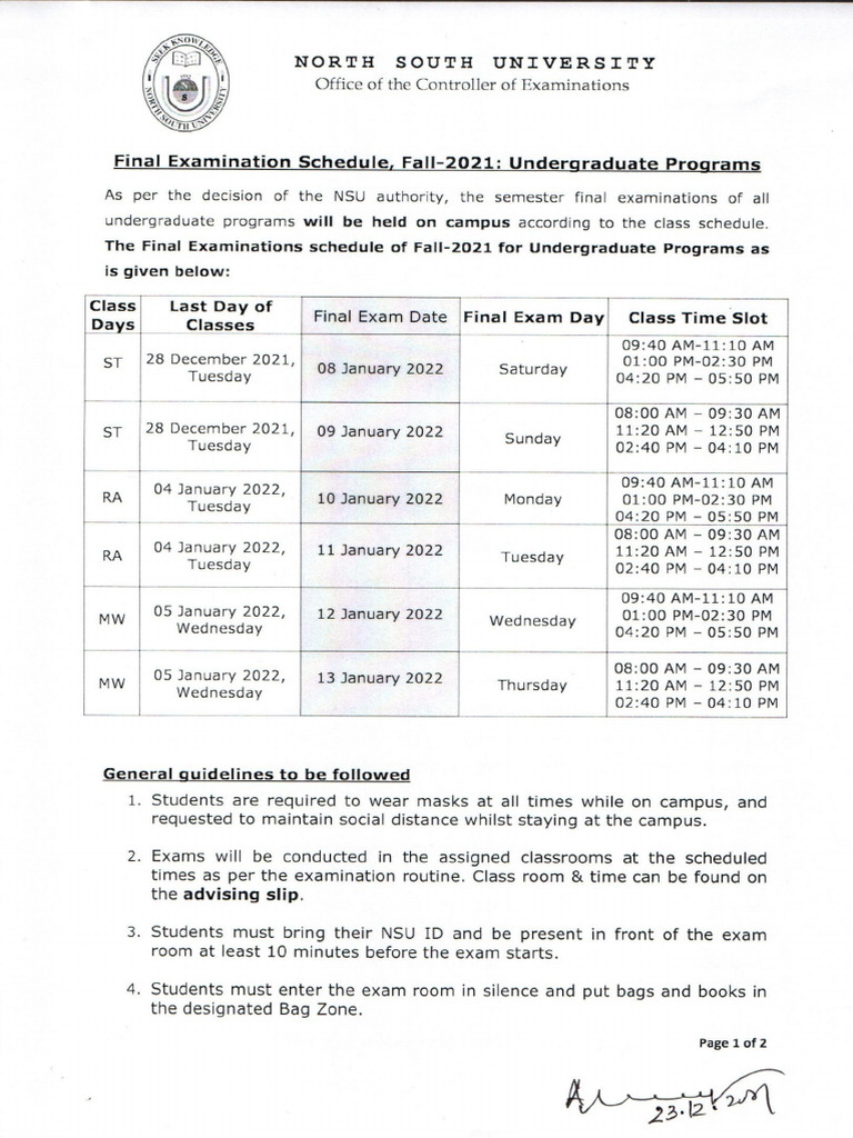 Final Examination Schedule, Fall-2021 | PDF