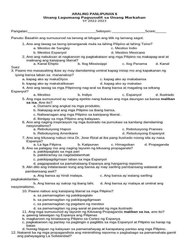 Q1 AP6 Unang Lagumang Pagsusulit | PDF