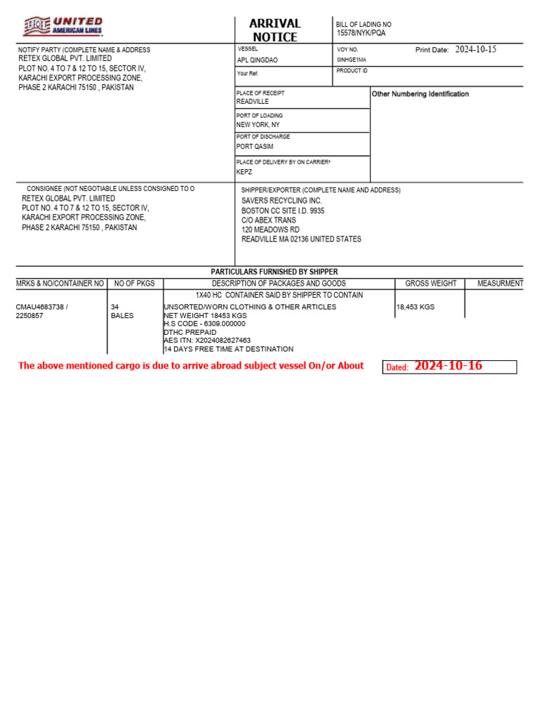Arrival Notice 15578 | PDF