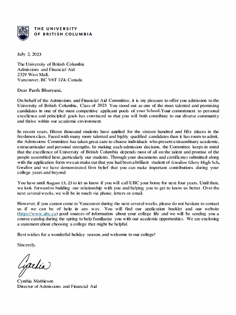 Acceptance Letter Ubc | PDF