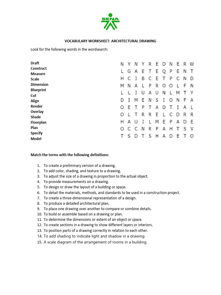 VOCABULARY WORKSHEET - Architectural Drawing | PDF