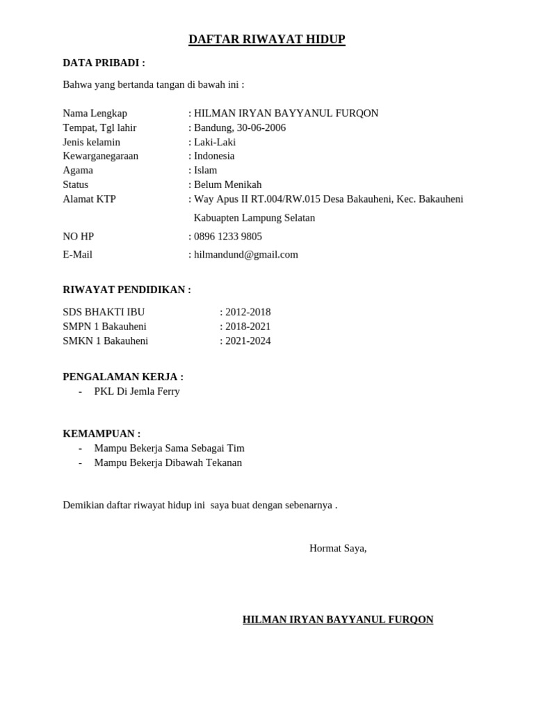 DAFTAR RIWAYAT HIDUP Abdul Rohman | PDF