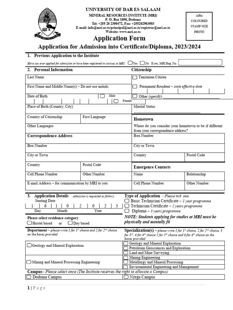 Unit83 - Application Form For Admission Into Certificate and Diploma Programmes For Academic ...