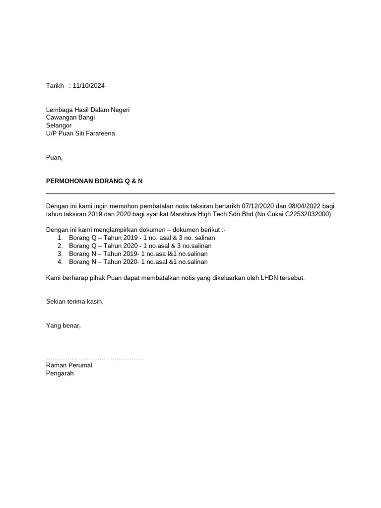 MHT LHDN Letter Q N | PDF
