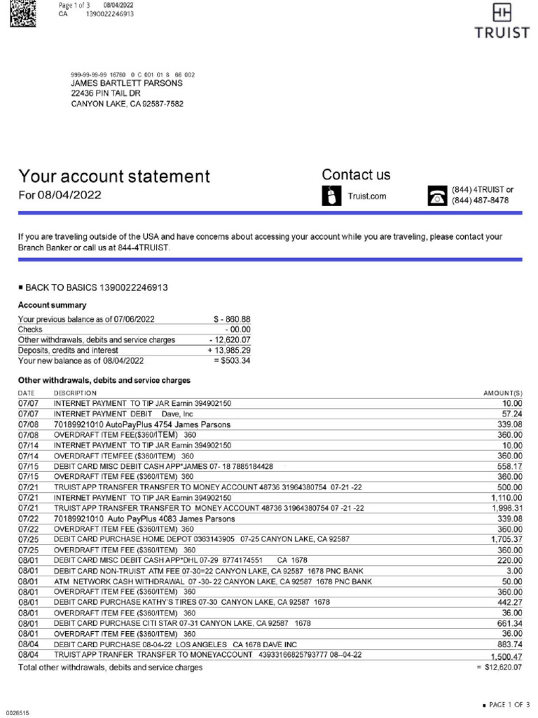 TRUIST Bank Statements 2022 | PDF