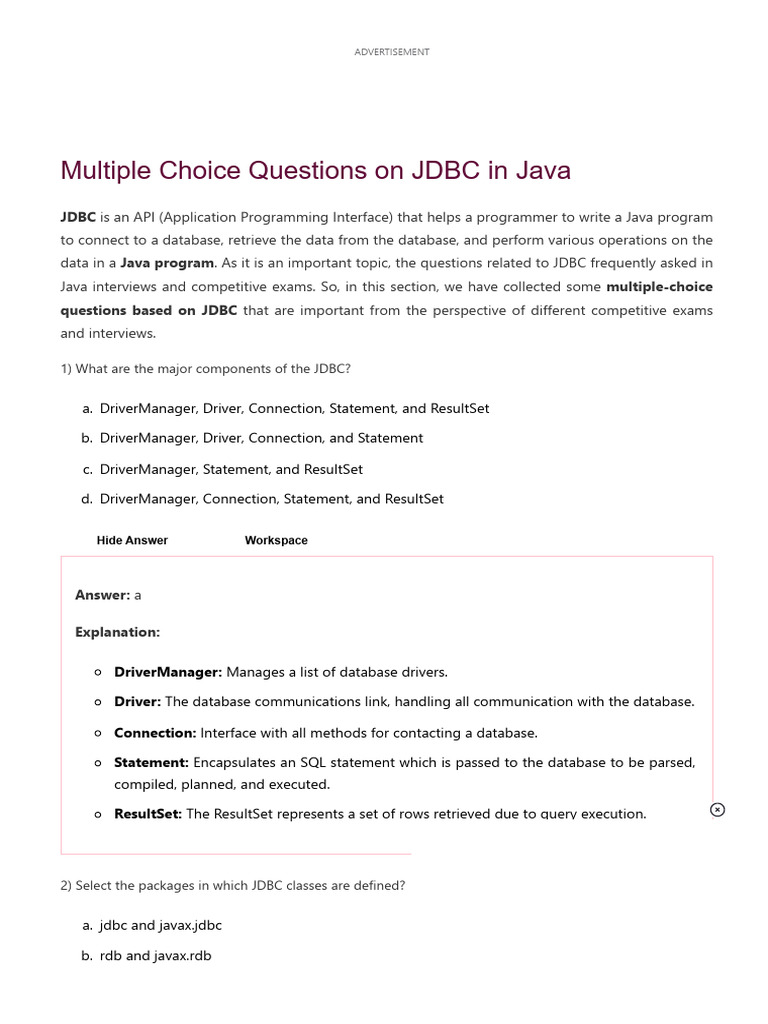 JDBC MCQ (Multiple Choice Questions) - Javatpoint | PDF