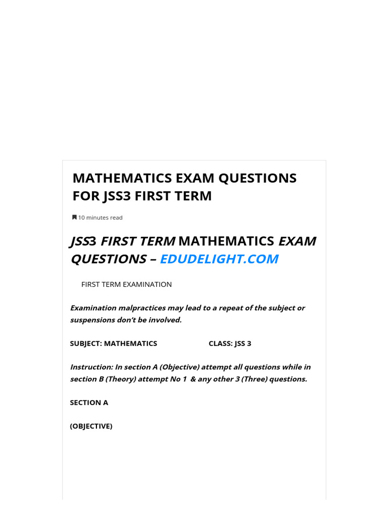 Mathematics Exam Questions For Jss3 First Term | PDF | Numbers ...