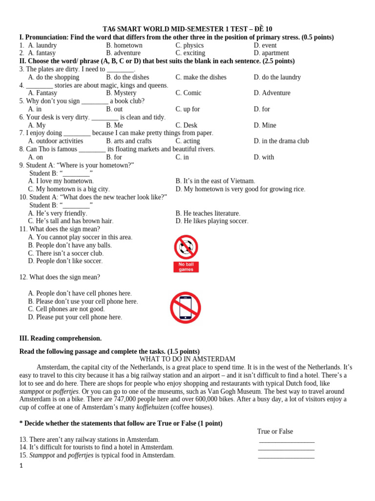 Đề KT giữa HK1 TA6 Smart World | PDF
