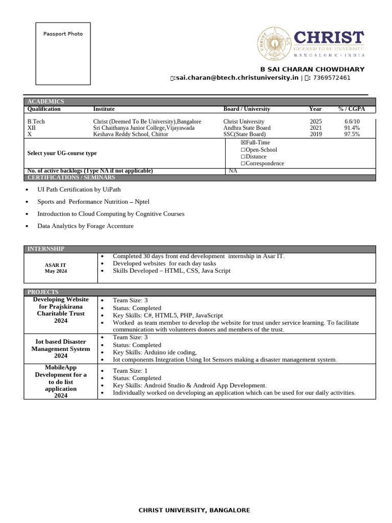 Academics: Qualification Institute Board / University Year % / Cgpa | PDF