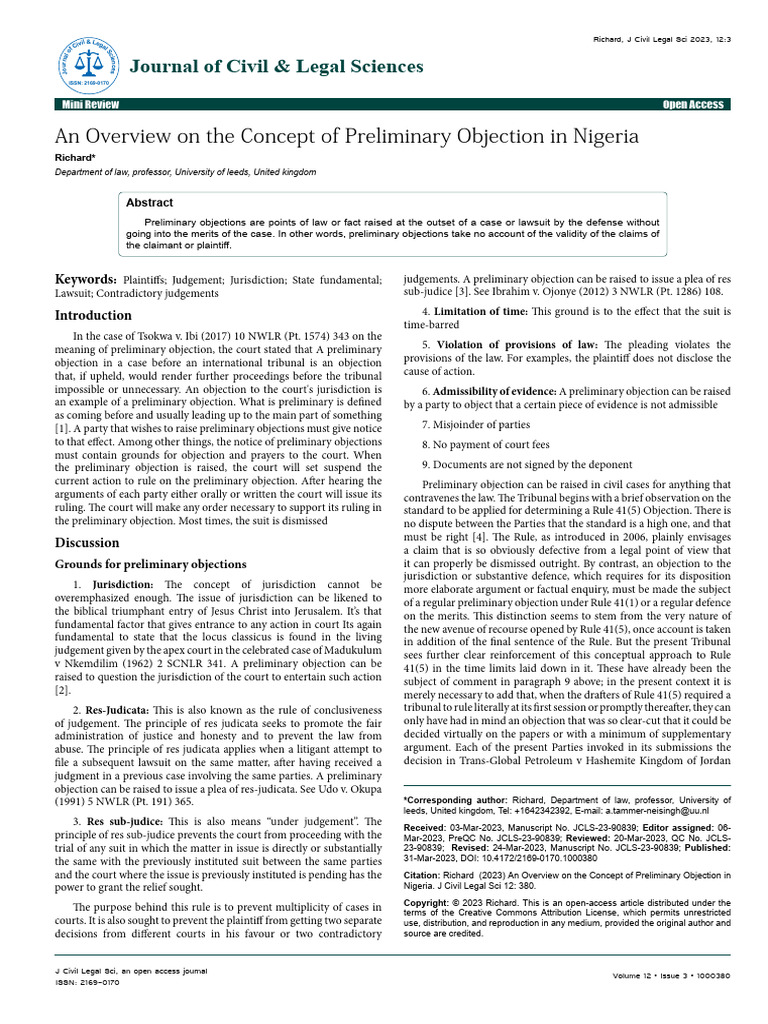 An Overview On The Concept of Preliminary Objections in The Nigerian ...