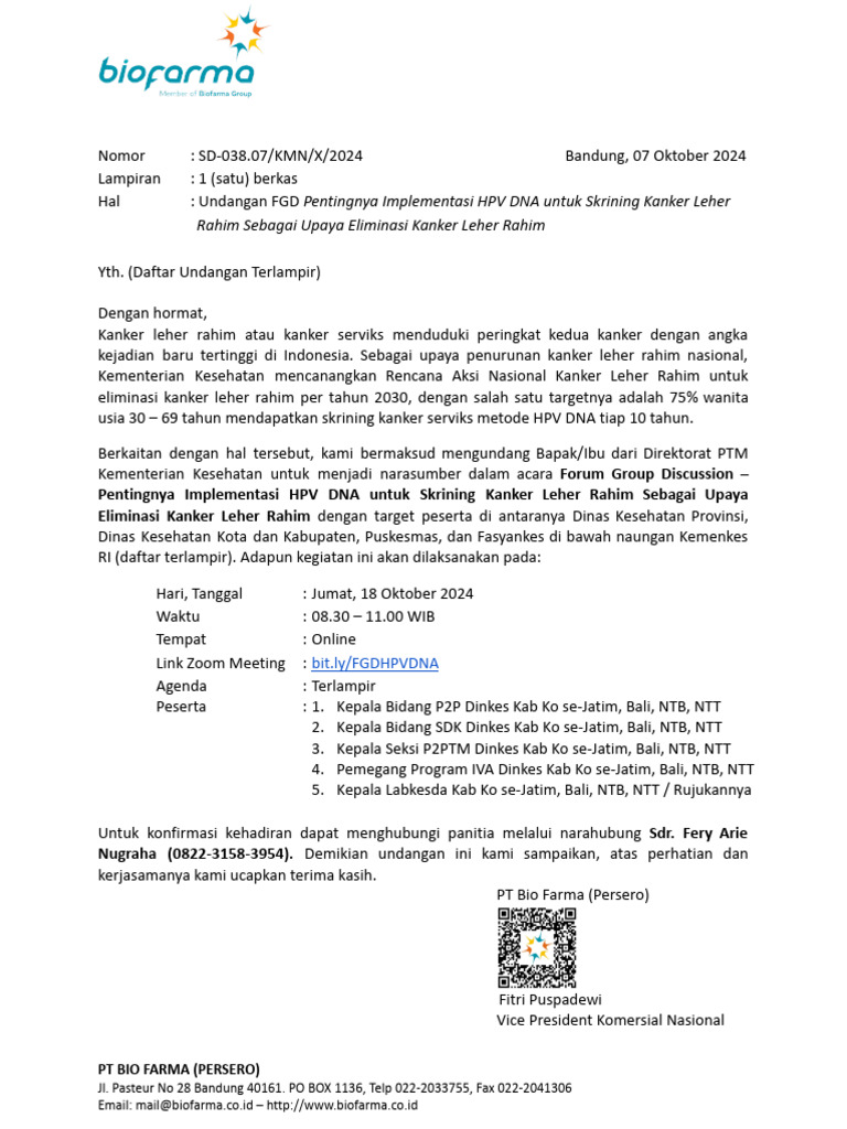 Surat Undangan Peserta FGD HPV DNA Dinkes Jatim Bali NTB NTT Rev1 | PDF