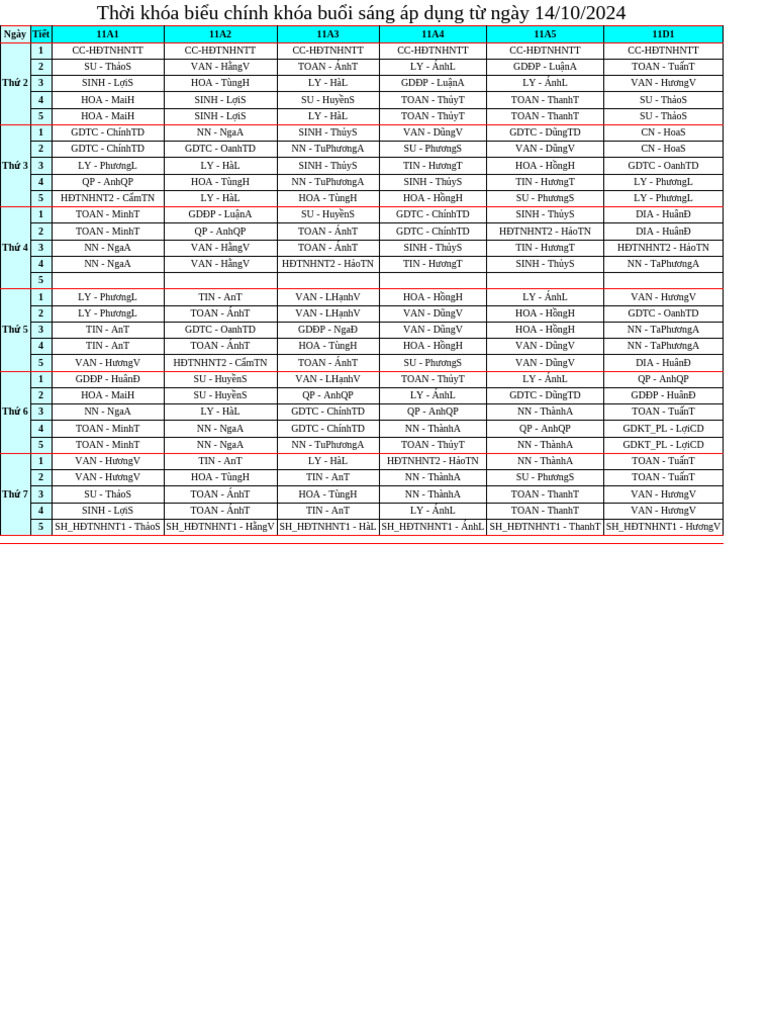 TKB Chính Khóa Áp D NG 14 10 2024 | PDF
