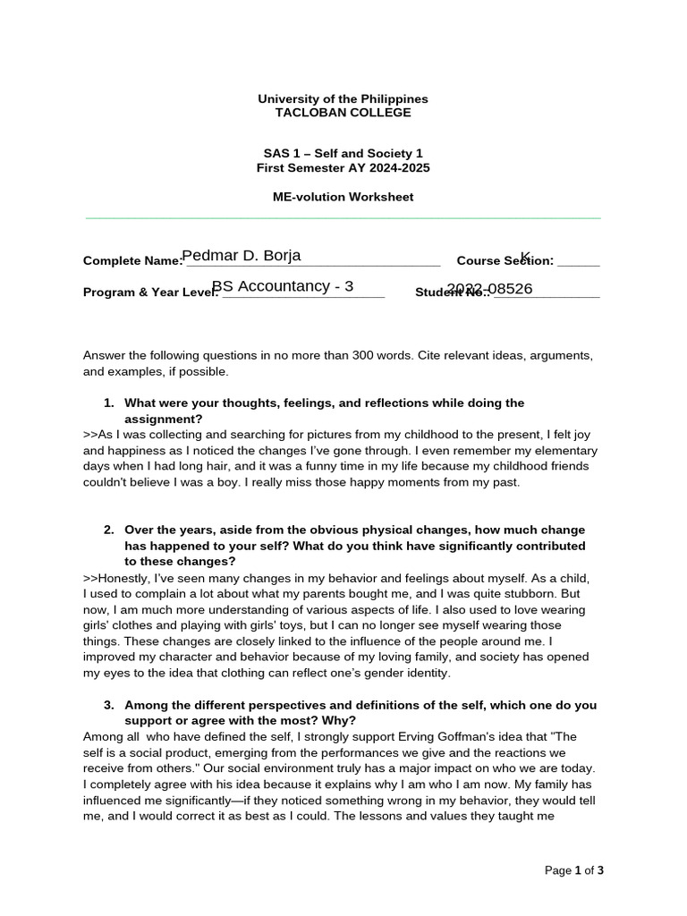 SAS 1 - Assignment Guide 1 - ME-volution - K | PDF | Attitude ...