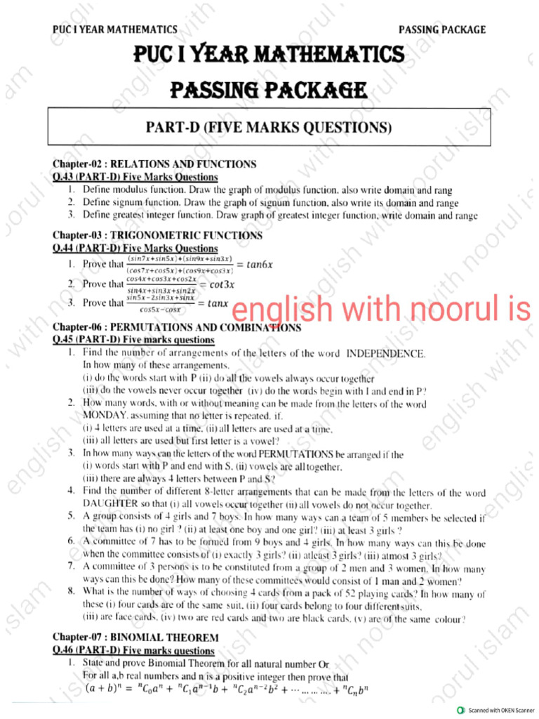 1PUC Maths Passing Package | PDF