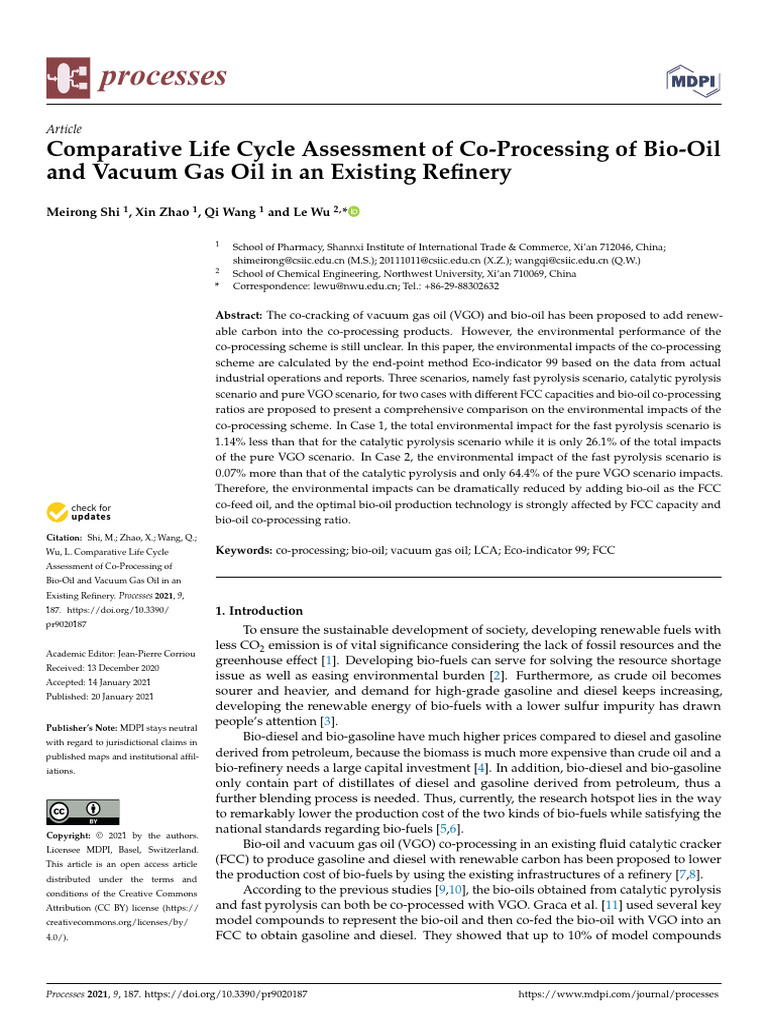 Processes: Comparative Life Cycle Assessment of Co-Processing of Bio ...