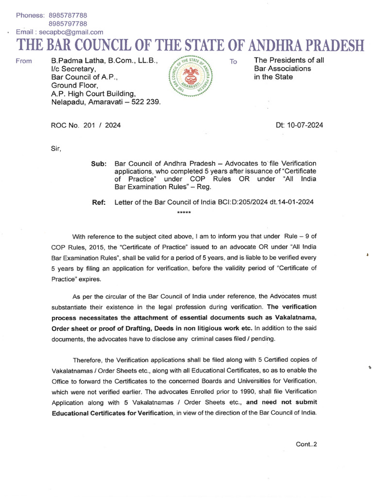 Bar Council Circular For Filing of COP Applications | PDF