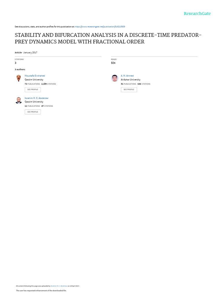 Stability and Bifurcation Analysis in A Discrete-Time Predator-Prey Dynamics Model With ...