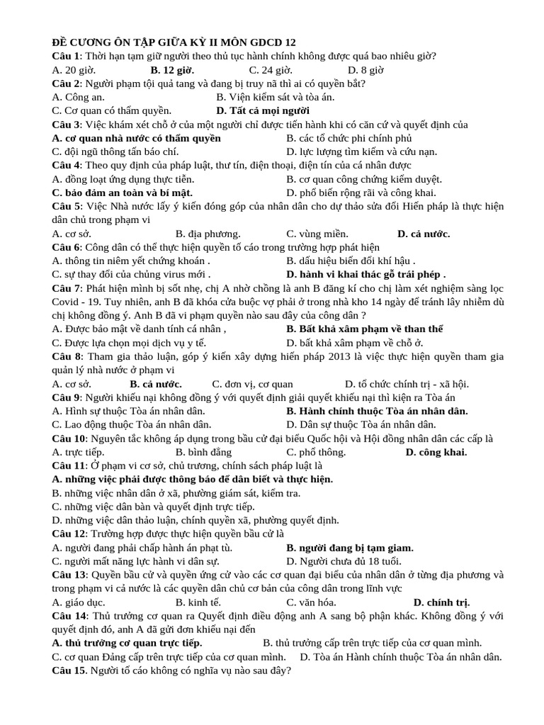 Đề Cương Ôn Tập Giữa Kỳ Ii 12 - GDCD | PDF
