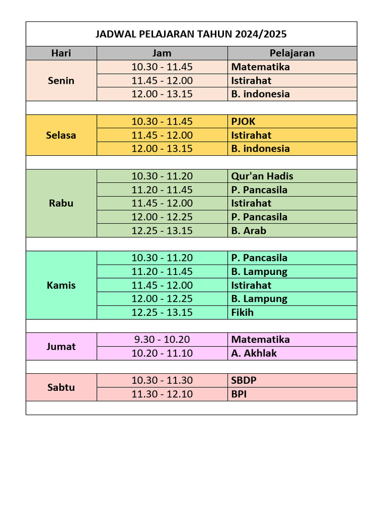 Jadwal Pelajaran Tahun 2024 | PDF