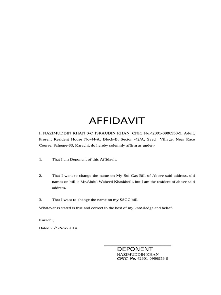 Affidavit Change of Address On Sui Gas Bil | PDF