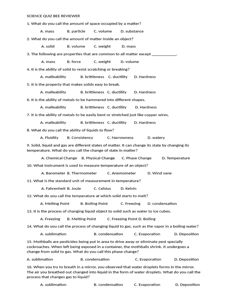 SCIENCE QUIZ BEE REVIEWER | PDF SCIENCE QUIZ BEE REVIEWER | PDF