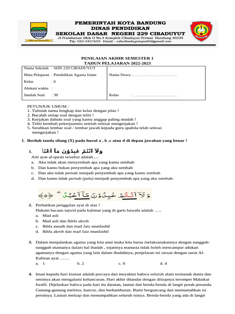 Soal Pas Pai Kelas 6 2022-2023 | PDF