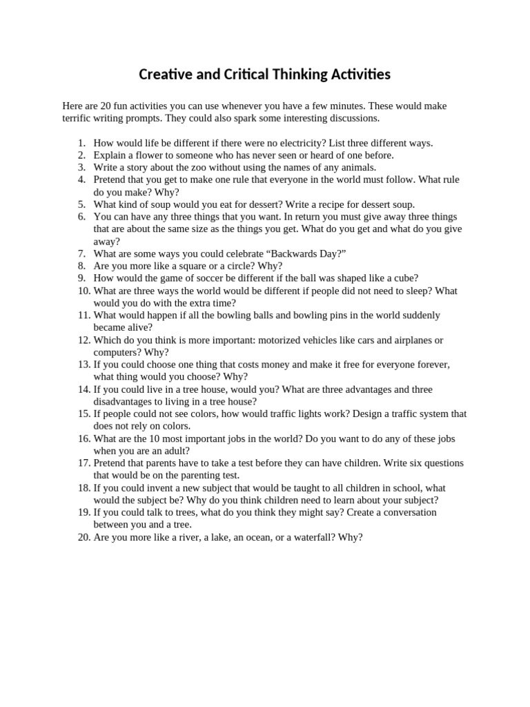 Creative and Critical Thinking Activities | PDF
