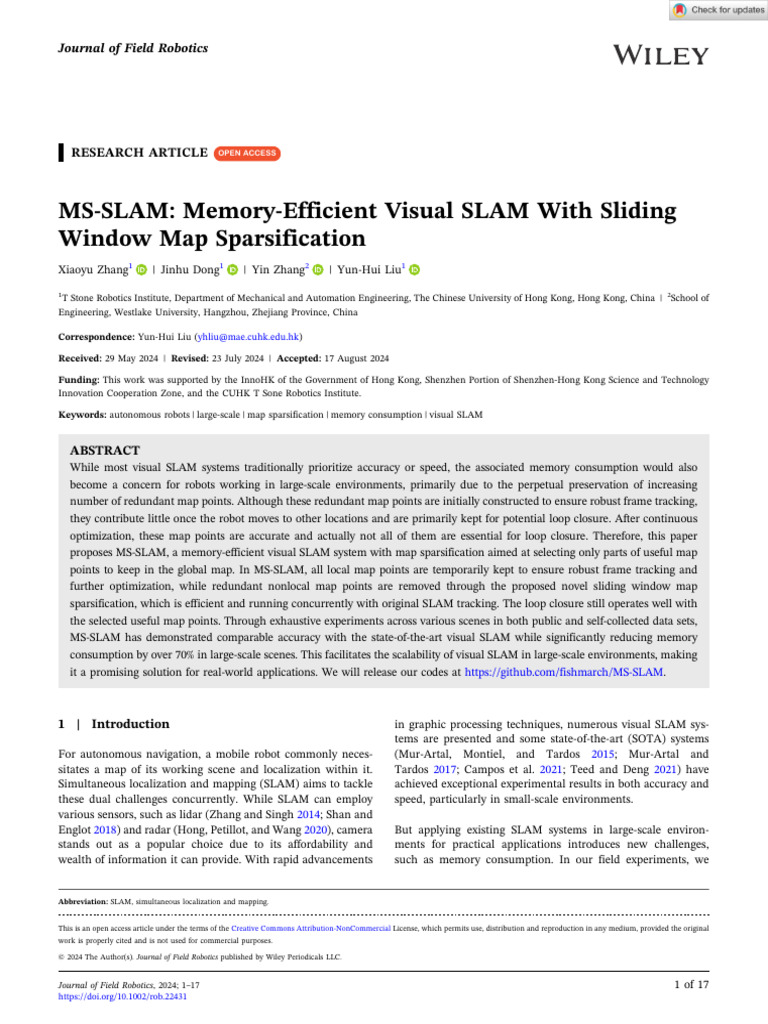 Journal of Field Robotics - 2024 - Zhang - MS SLAM Memory Efficient Visual SLAM With Sliding ...