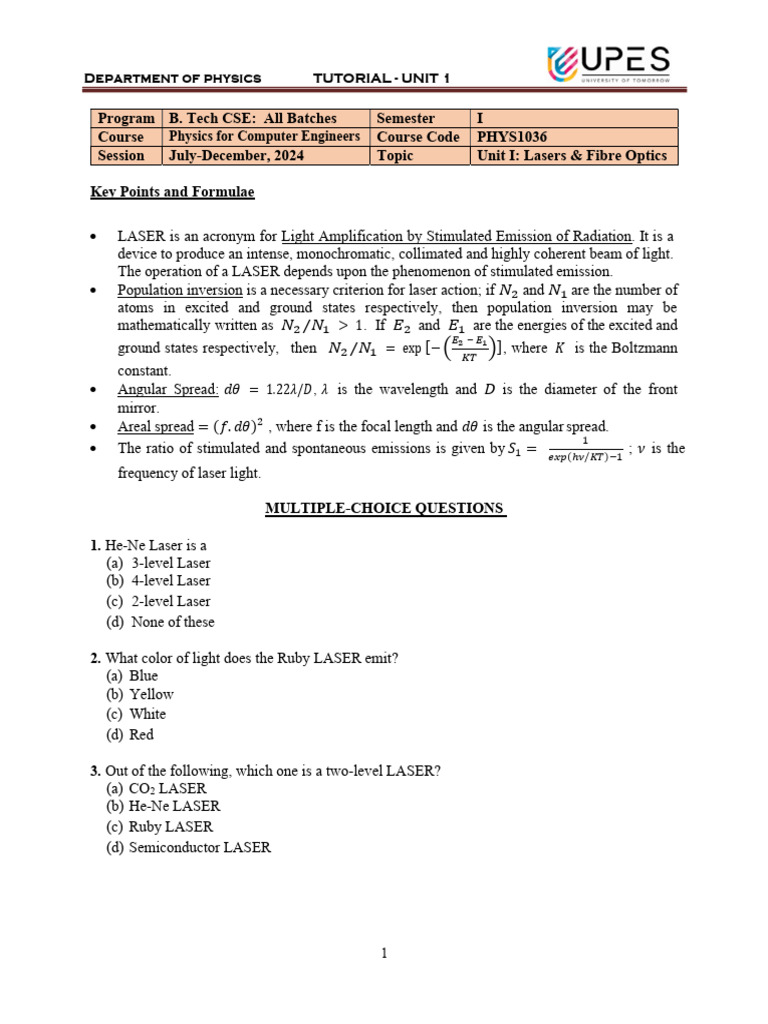 Tutorial - Unit I - Laser Fibre Optics - 2024-25 - Sem I | PDF