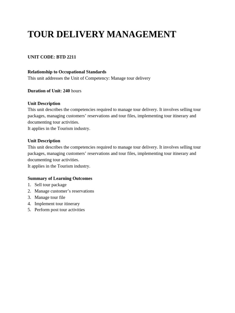 Tour Delivery MGT | PDF
