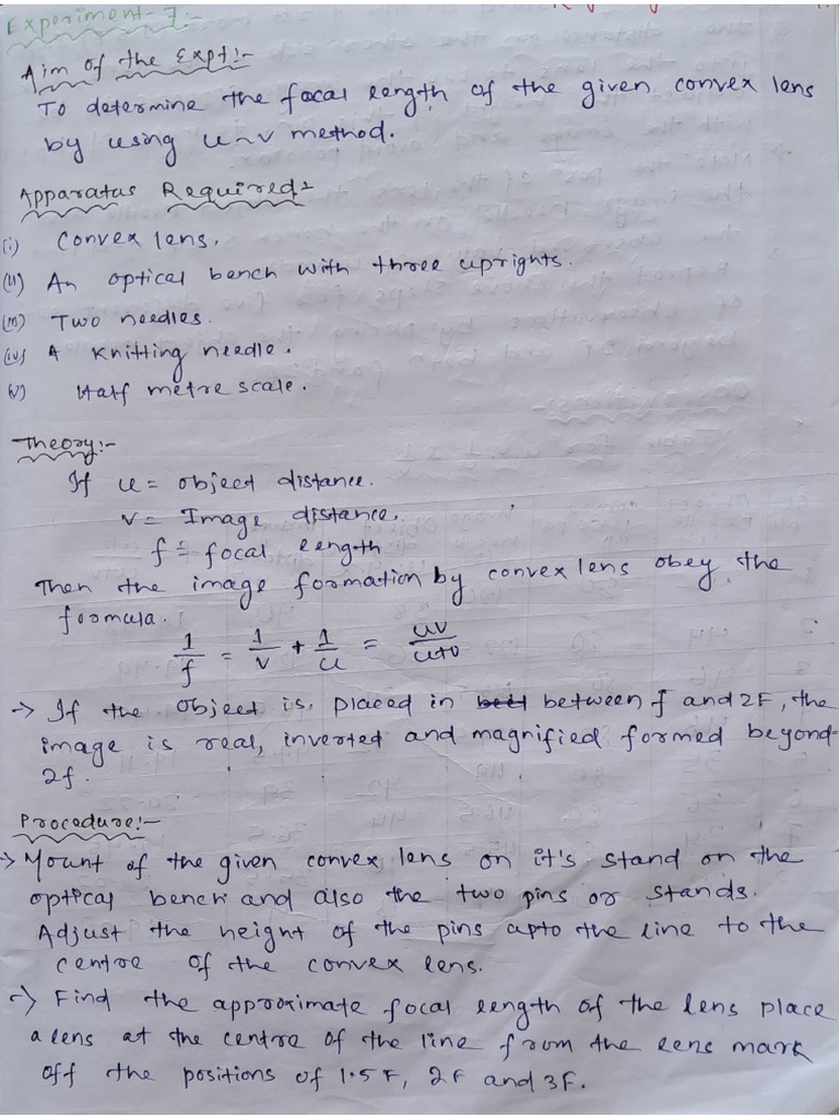 Expt-7. (To Determine Ficsl Length of Convex Lens) | PDF