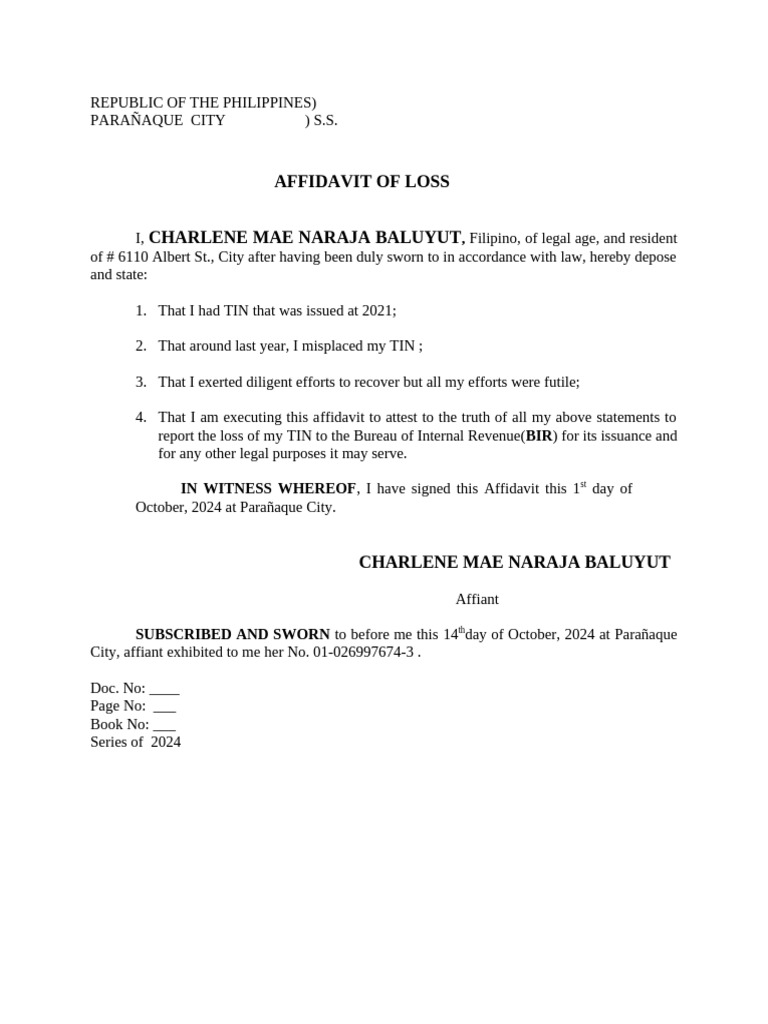 Affidavit of Loss - TIN Baluyut | PDF