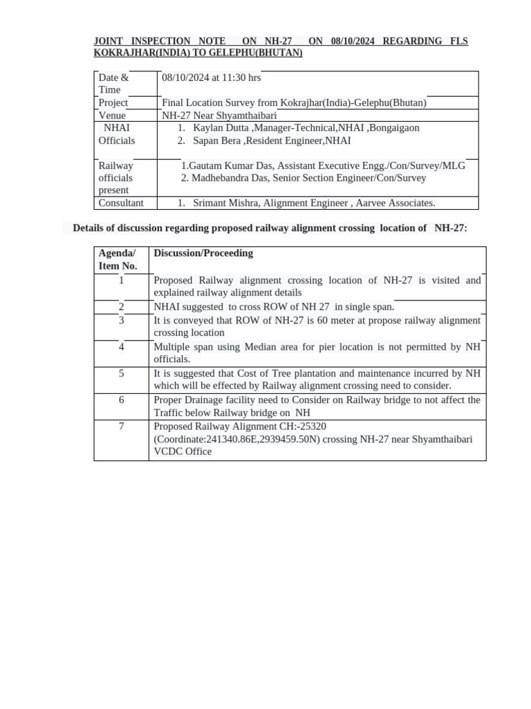 Joint Inspection Note On NH-27 | PDF