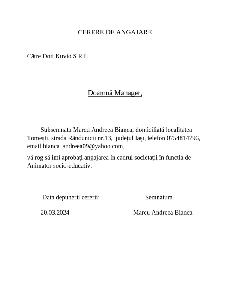 Model Cerere de Angajare Copie | PDF