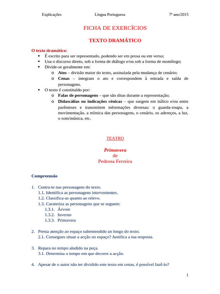 Ficha de Exercícios - Texto Dramático | PDF