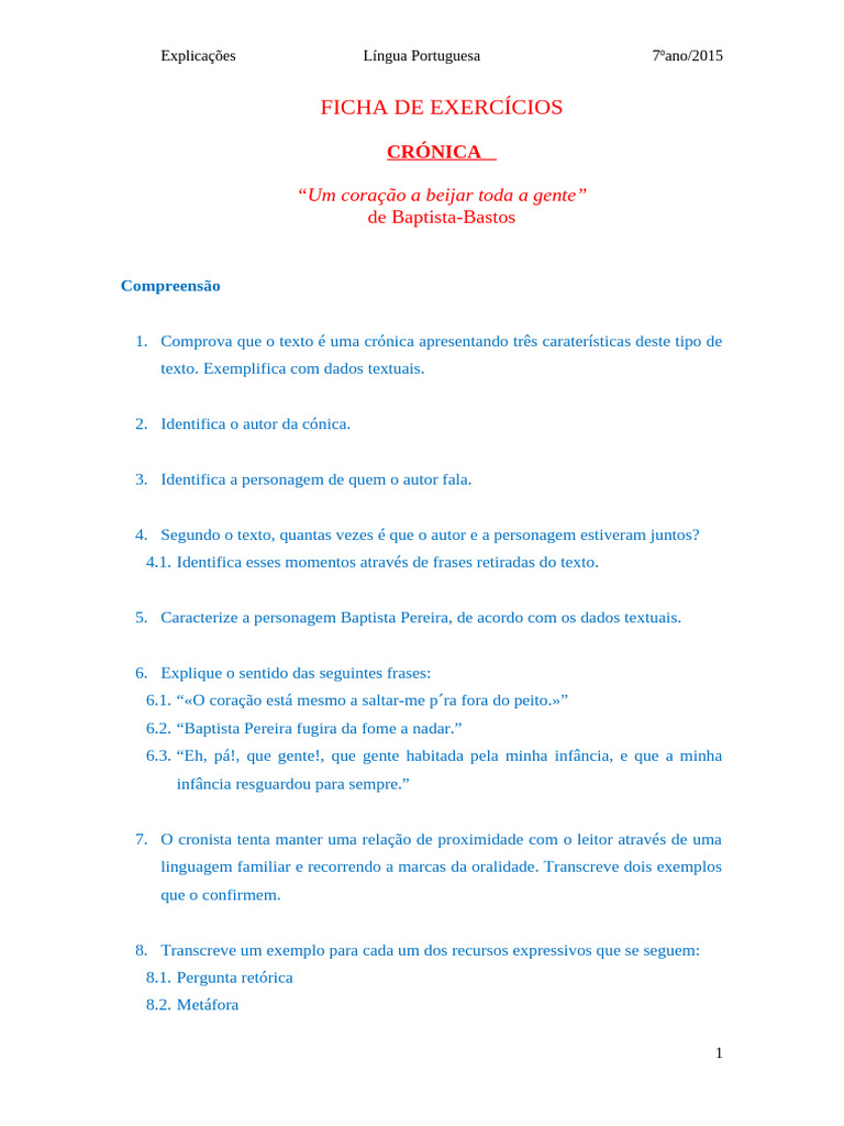 Ficha de Exercícios - Crónica | PDF | Linguística
