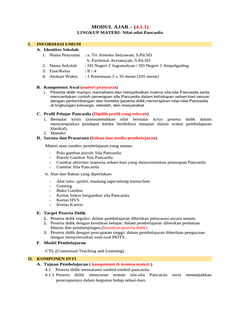 Contoh Modul Ajar Pembelajaran | PDF