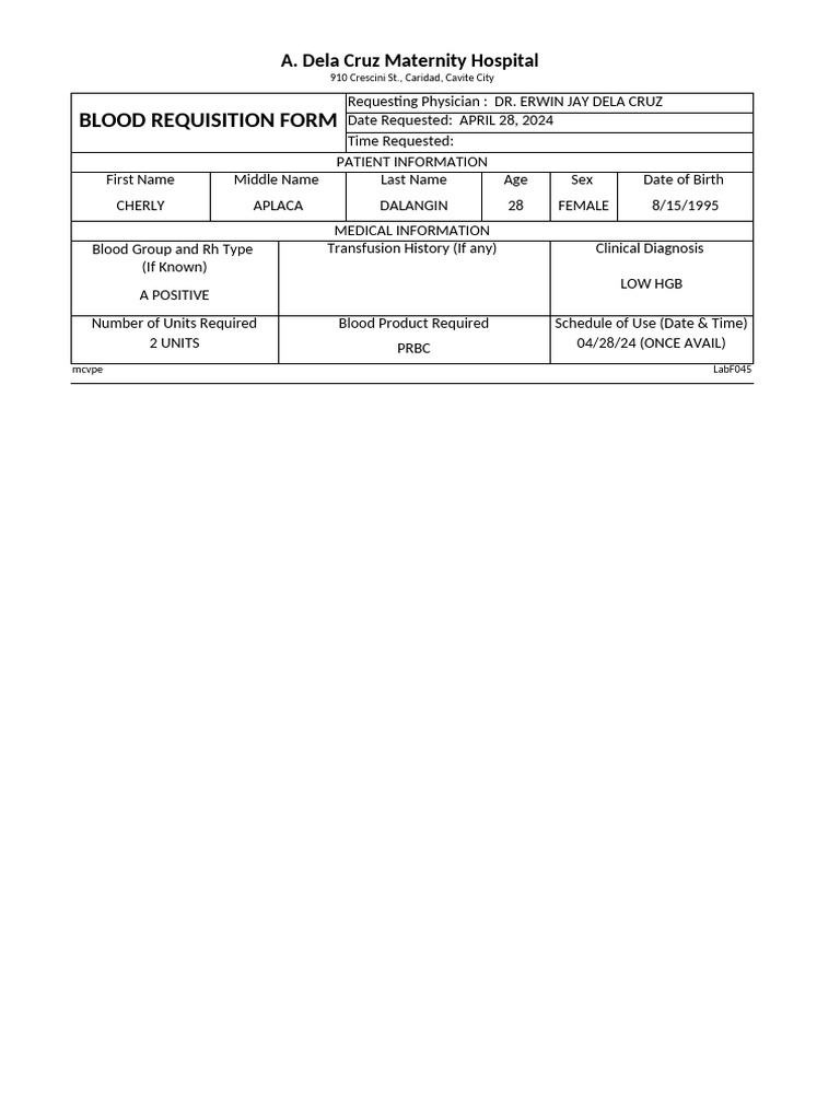 BLOOD BANK - Blood Requisition | PDF