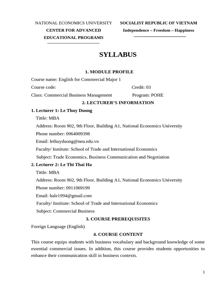 Syllabus English for Commercial Major (Part 1) | PDF