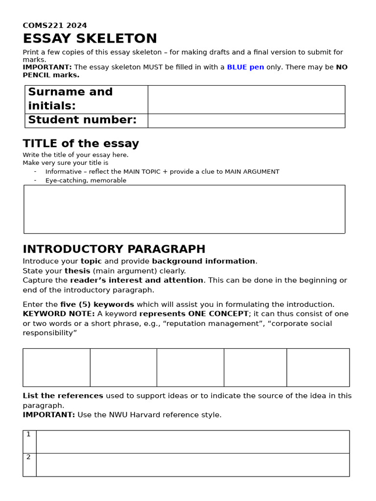 ESSAY SKELETON Practice-Run With MARKING RUBRIC - CHECK LIST MC Campus ...
