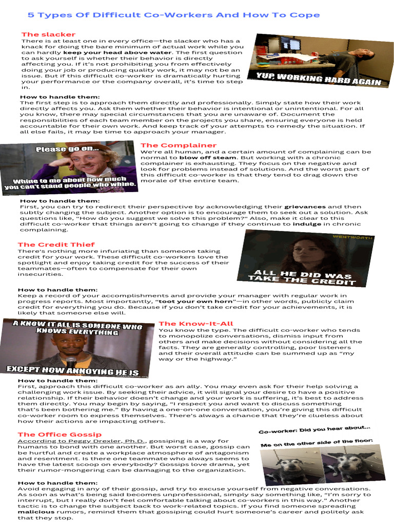 5 Types of Difficult Co-Workers and How To Cope With Them | PDF ...