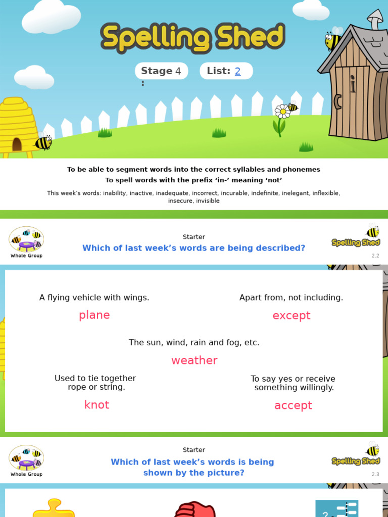 Spelling Shed 2022 - Stage 4 - Lesson 2 - Words With The Prefix in - Meaning Not - Presentation ...