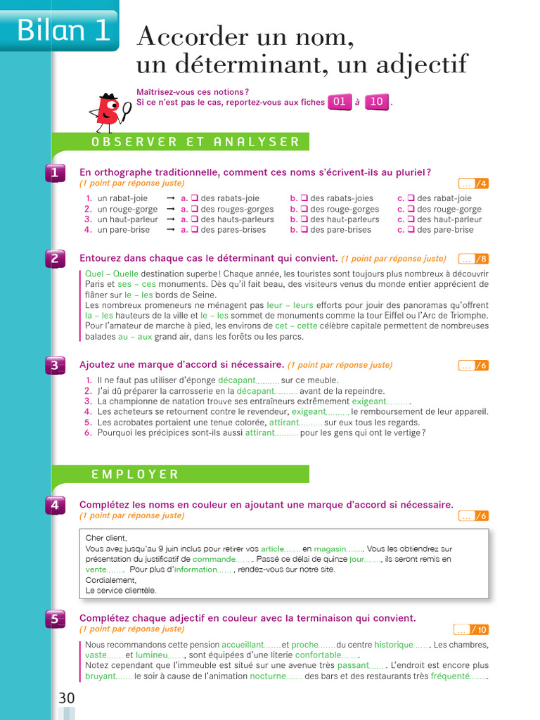 Bilan 1 - Accorder un nom, un déterminant, un adjectif | PDF