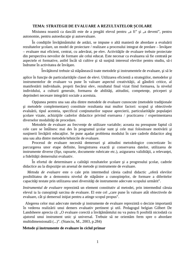 Metode Si Instrumente de Evaluare in Ciclul Primar | PDF