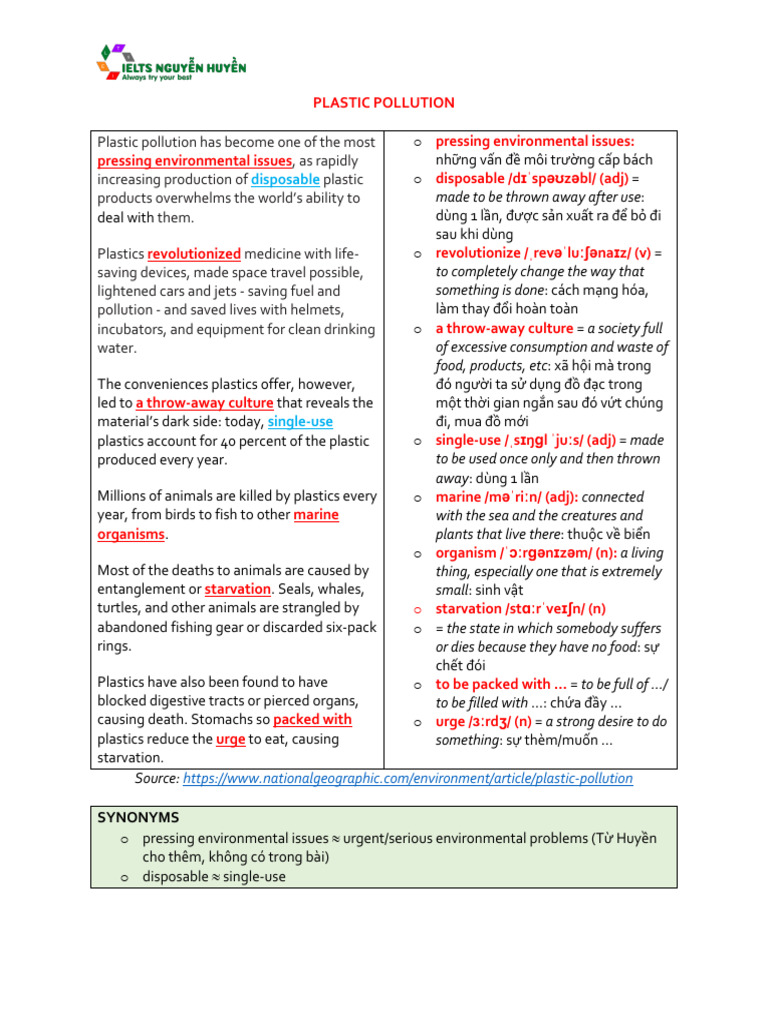 Day 4 Plastic Pollution Ielts Nguyenhuyen | PDF
