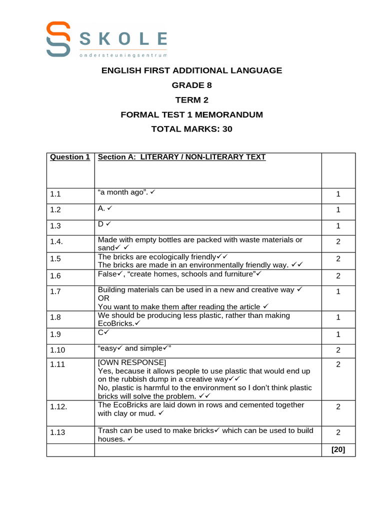 BIa0ZORyBUkw2 Eng Eat Gr8 Formele Toets 1 Memo | PDF