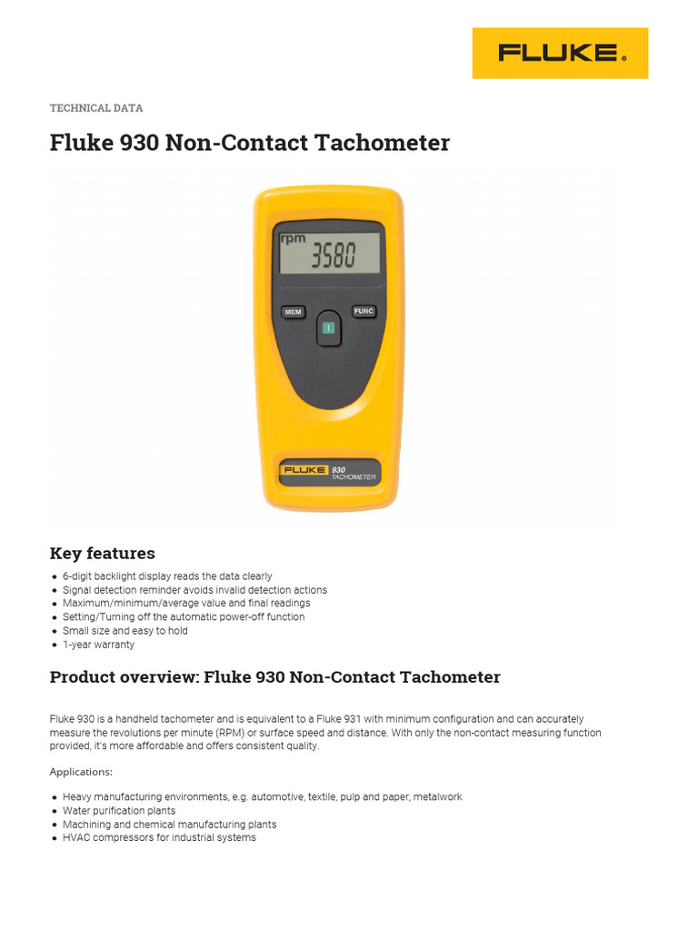 Fluke 930 Non-Contact Tachometer | PDF