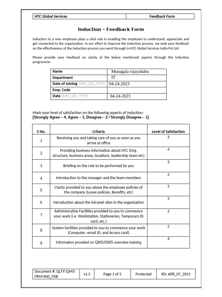 HTC - Induction Feedback Form | PDF