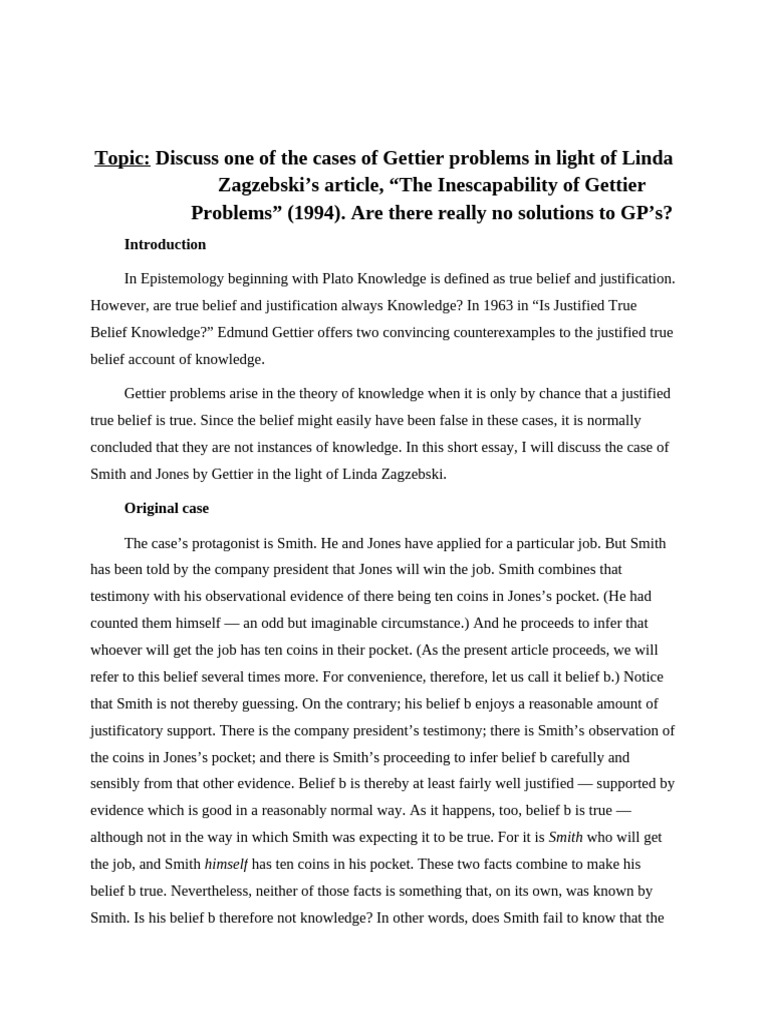 Gettier Problems in Light of Linda Zagzebski's Article | PDF ...